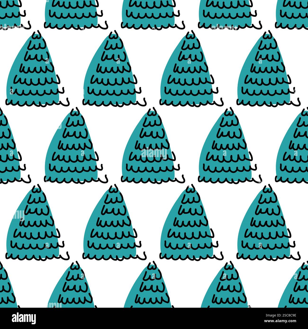A series of stylized teal trees featuring wavy outlines are repeated ...