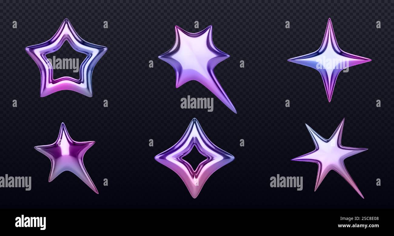 Holographic 3d stars collection - iridescent purple and pink geometric ...