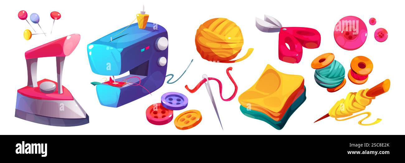 Sewing accessories cartoon collection - electric iron and pins, blue ...