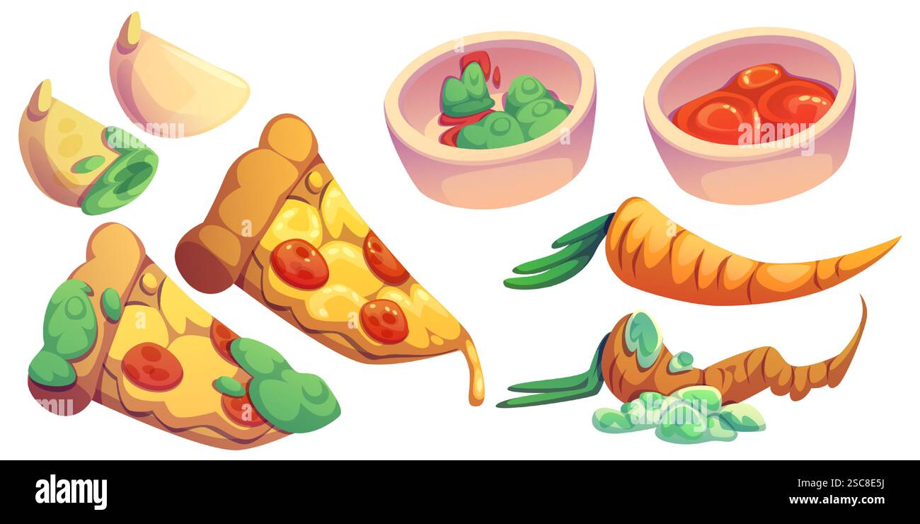 Fresh and rotten food comparison with moldy pizza slices, spoiled ...