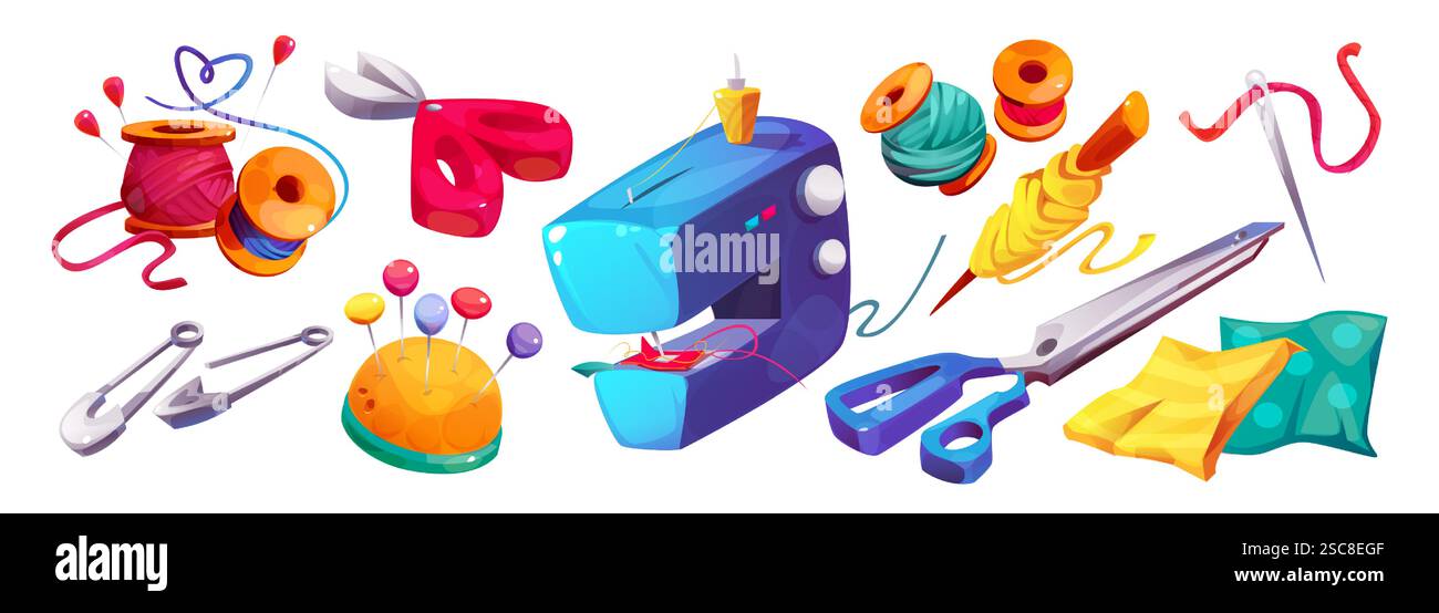 Cartoon sewing accessories with blue machine and colorful equipment ...