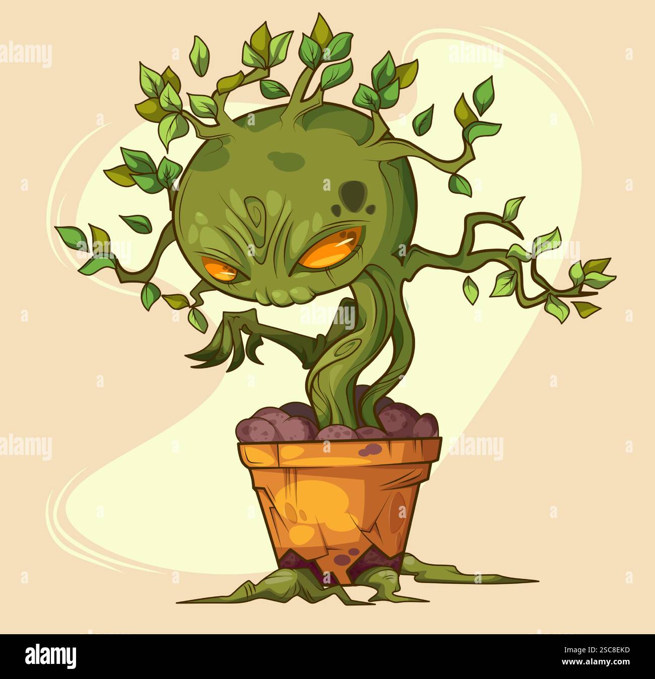 Scary plant monster with orange glowing eyes - twisted green creature ...