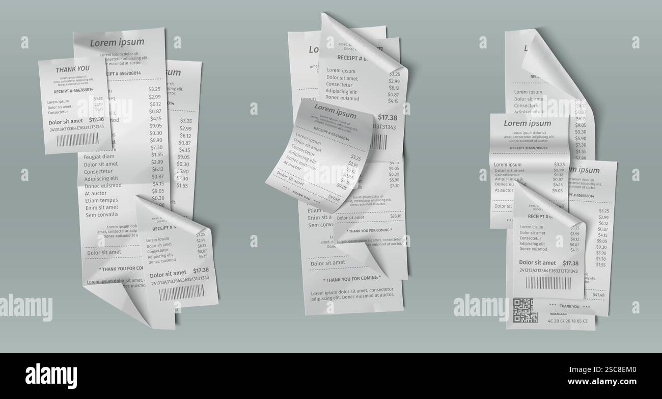 Paper bill receipt pile mockup - scattered payment documents with ...
