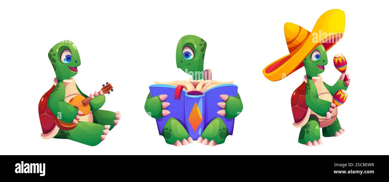 Cute cartoon tortoise mascot set - playing guitar, reading blue book ...