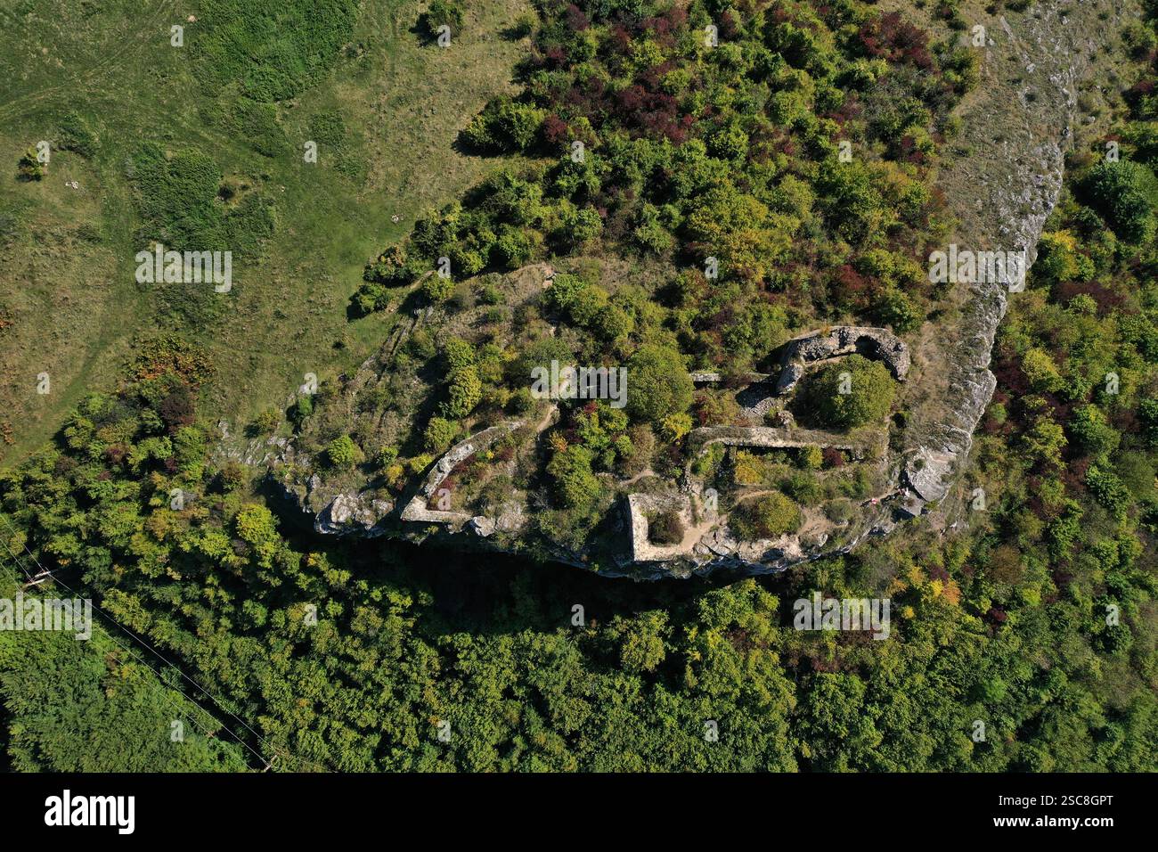 Aerial view of medieval fortification ruins, stronghold in the forest ...