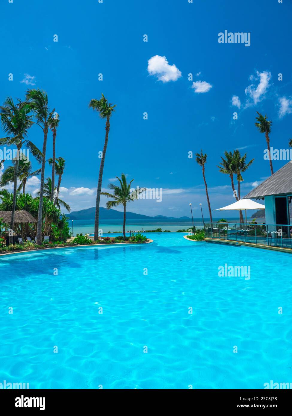 View from swimming pool at resort on Hamilton Island overlooking ...