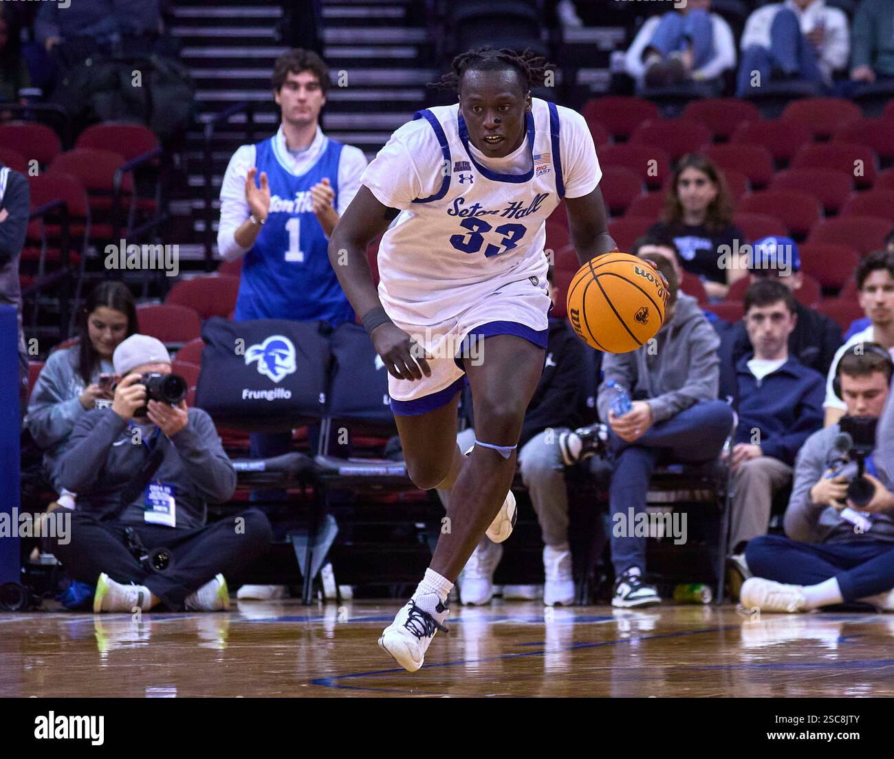 Seton Hall Pirates guard Garwey Dual (33) pushes the ball up court ...