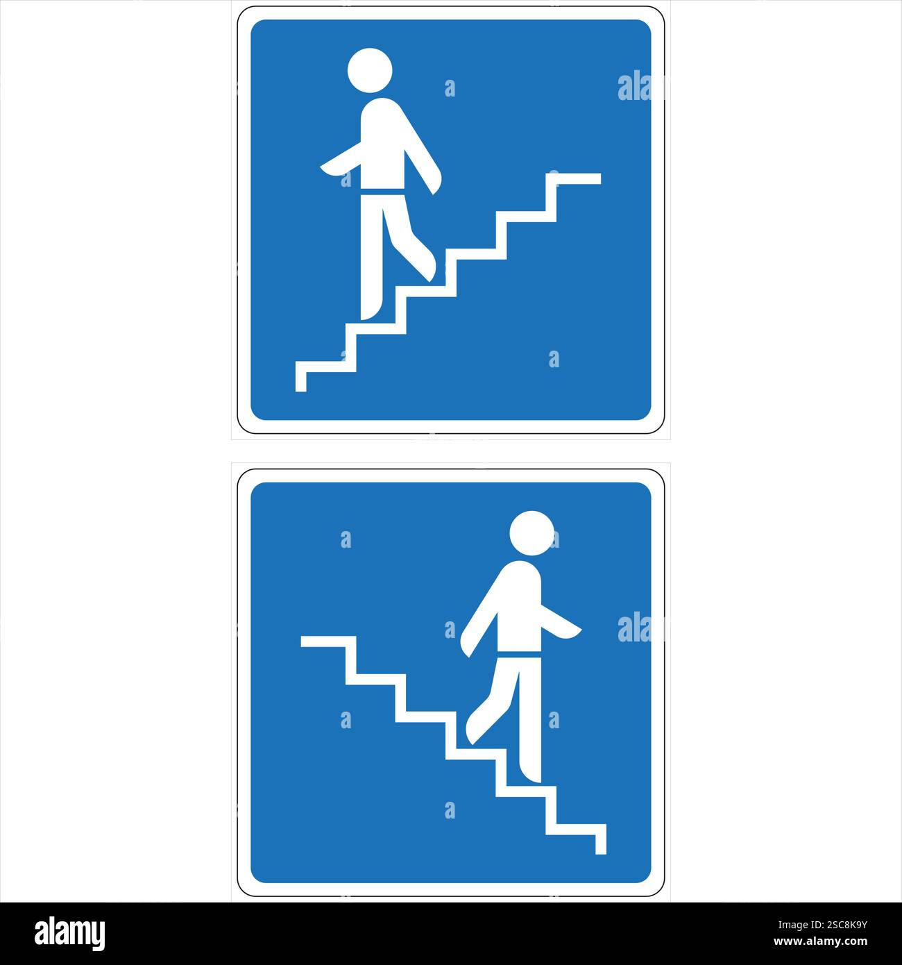 Blue square public information signs showing a pedestrian walking up ...