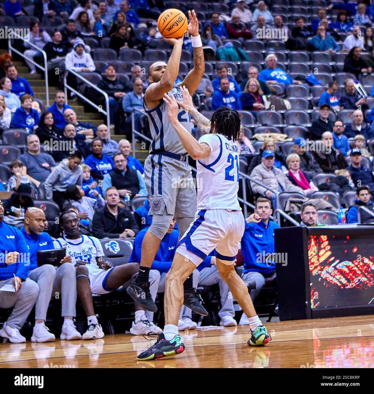 Butler Bulldogs Dante Maddox Jr. (21) shoots over Seton Hall Pirates ...