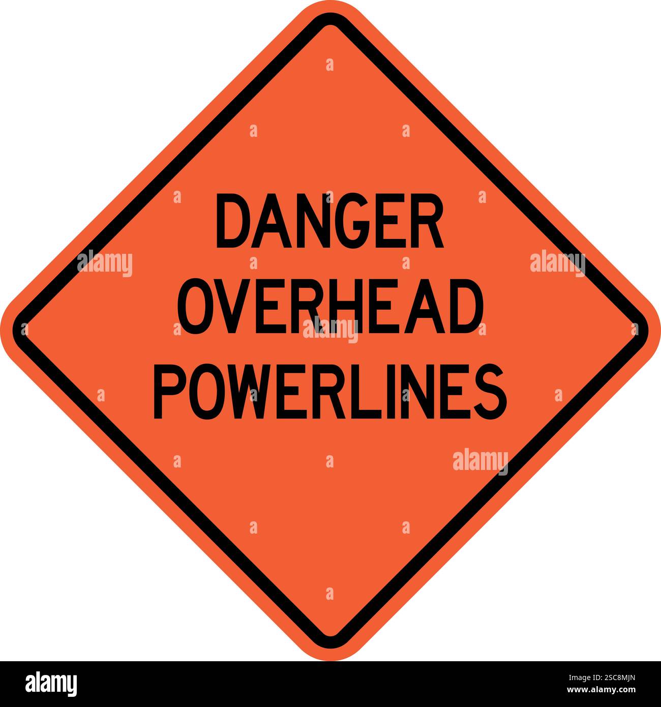 Overhead power lines danger sign. Orange diamond background. Safety ...