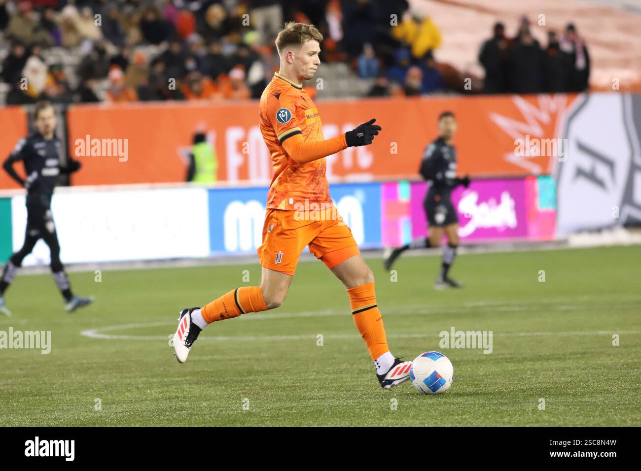Daniel Nimick #5 of Forge FC drives the ball forward against Monterrey ...