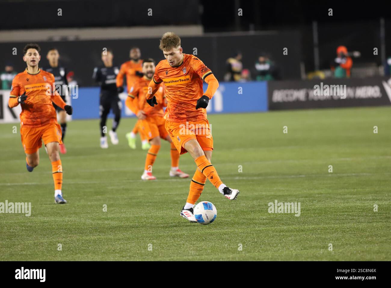 Daniel Nimick #5 of Forge FC shoots the ball against Monterrey FC ...