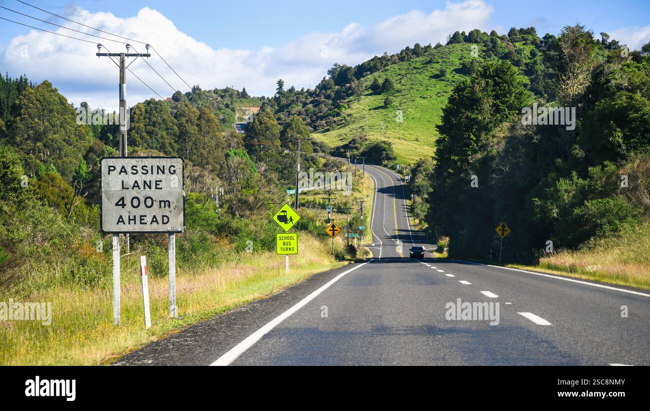 Passing Lan 400m Ahead road sign on a winding road. North Island. New ...