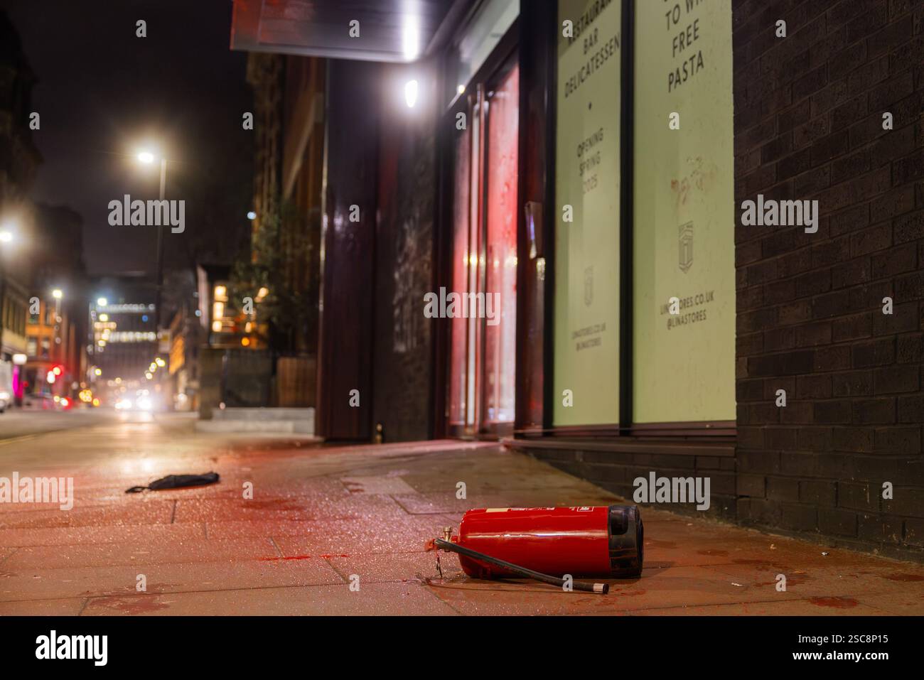 Manchester, UK. 06 FEB, 2025. Disguarded fire extinguisher as Palestine ...