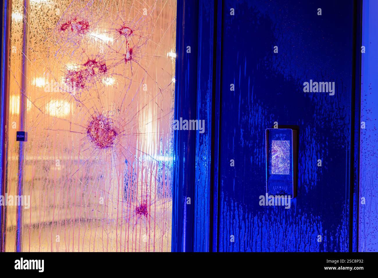 Manchester, UK. 06 FEB, 2025. Smashed glass as Palestine action target ...