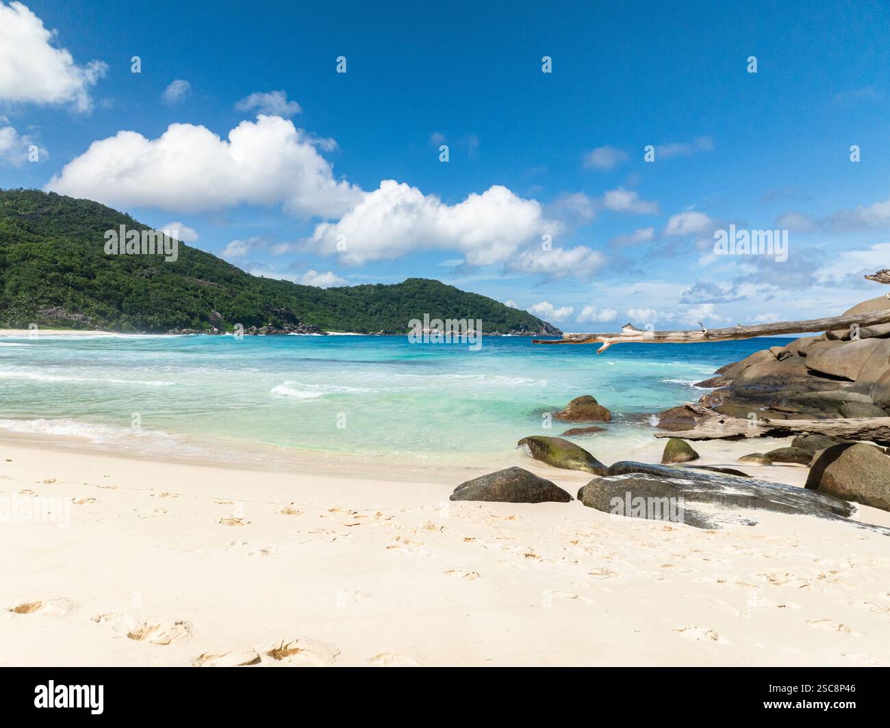 Tropical sandy beach and blue sea. Seychelles, Mahe. Police Bay beach ...