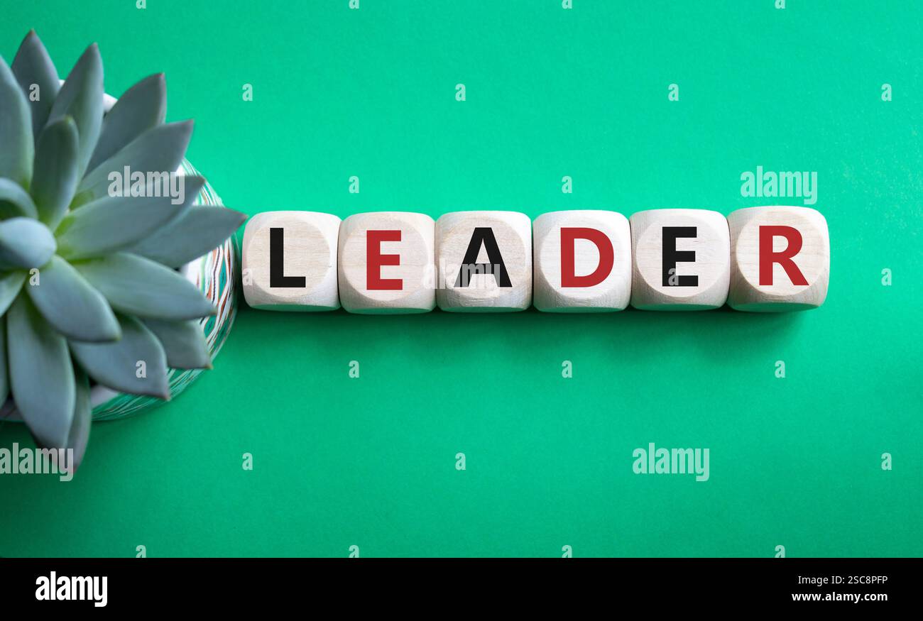 Leader symbol. Concept word Leader on wooden cubes. Beautiful green ...