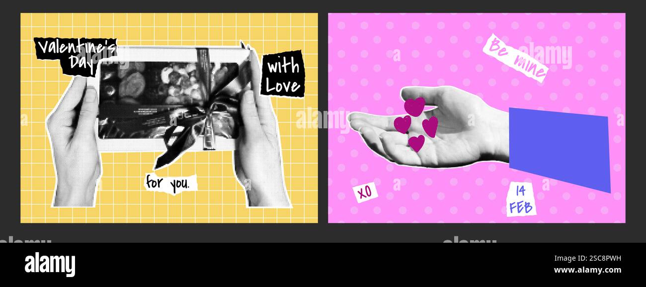Retro punk Valentine's Day posters. Gift, hand with hearts. Halftone ...