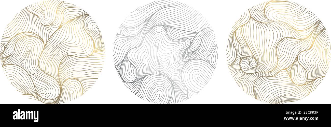 Vector set of silver and gold line organic circles, abstract wave logos ...