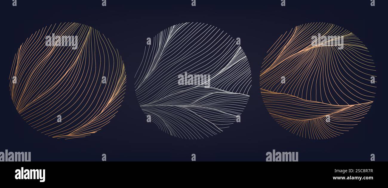 Vector set of silver and gold line organic circles, abstract wave logos ...