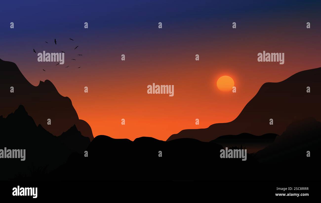 Drawing graphics The sun sets behind the mountains, painting the sky ...