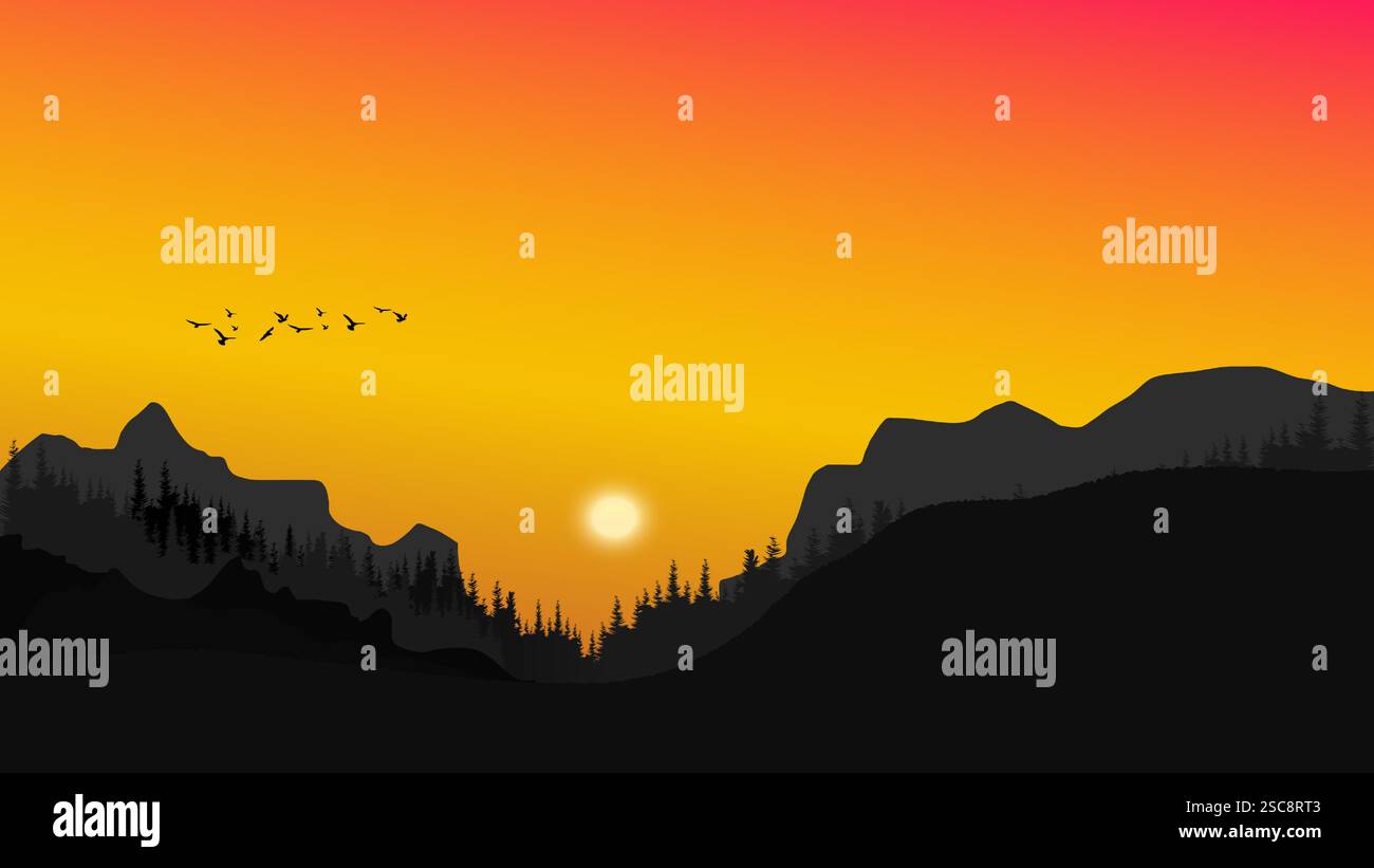 Scenic sunset over mountain landscape with flying birds and pine trees ...