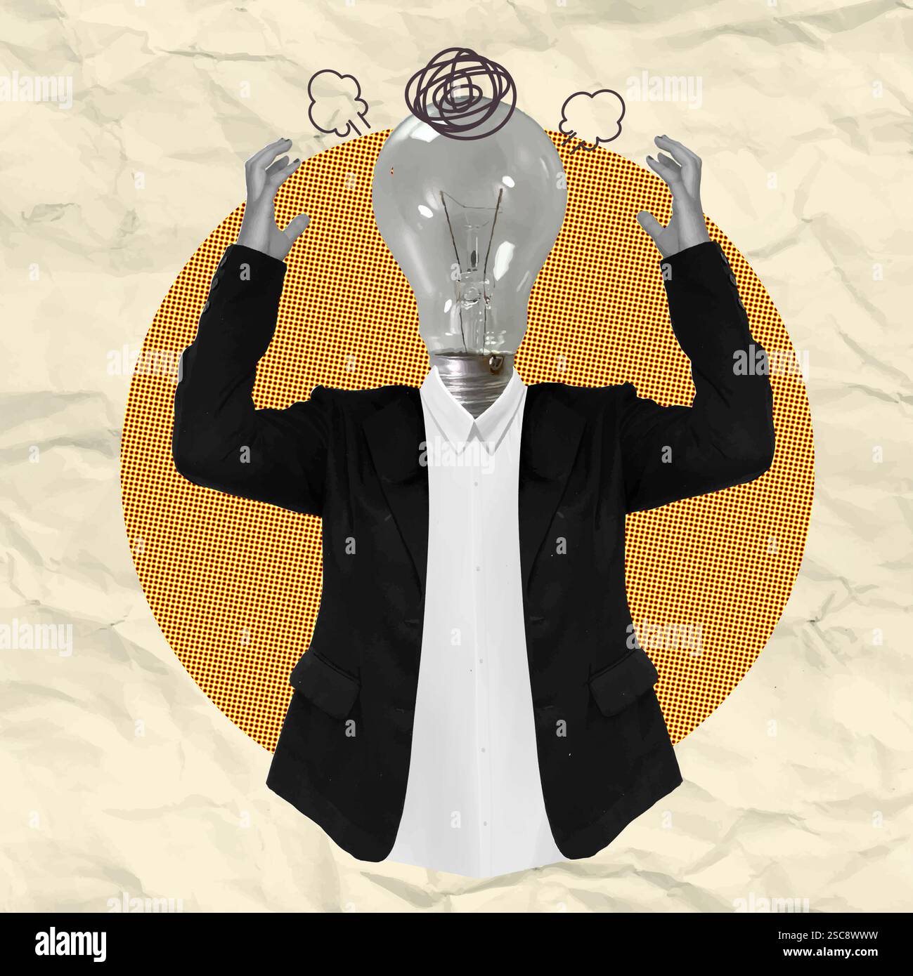 Frustrated businessman with a lightbulb head expressing confusion and ...