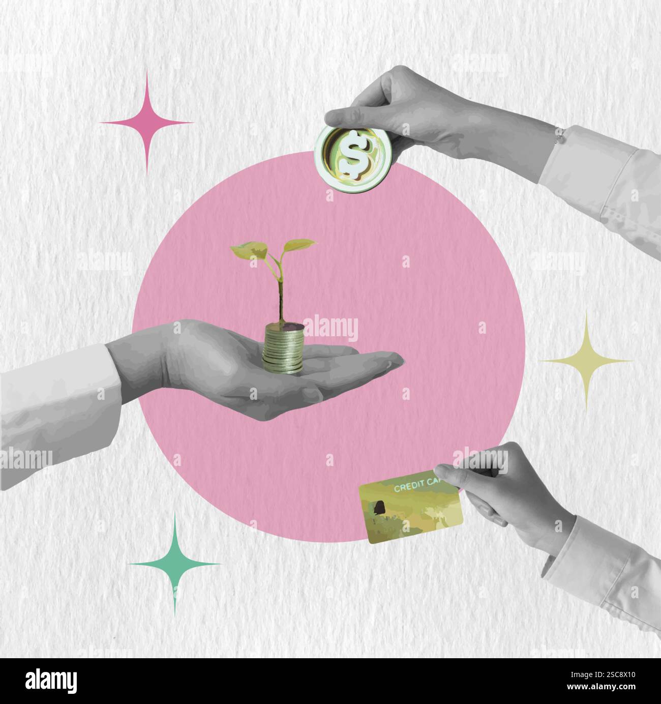 Creative hands nurturing financial growth with coins and credit card in a stylized collage ...