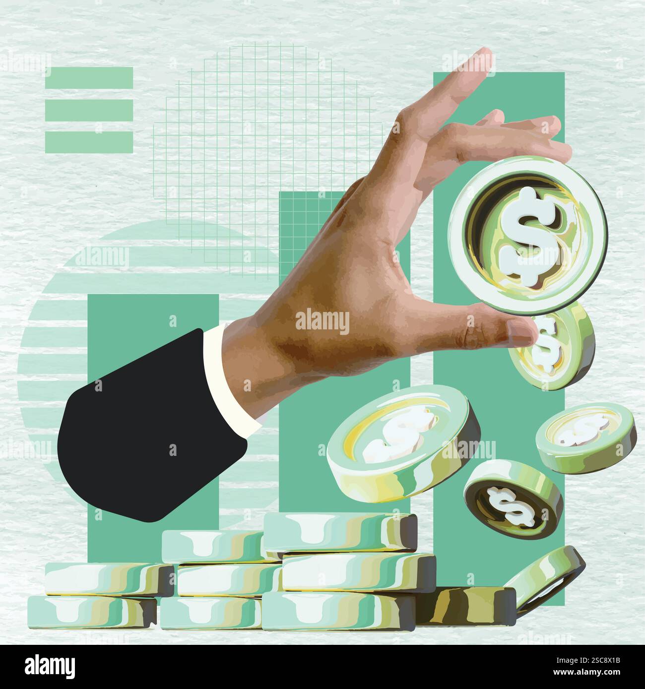 Stylish hand dropping coins into a growing stack for financial success ...