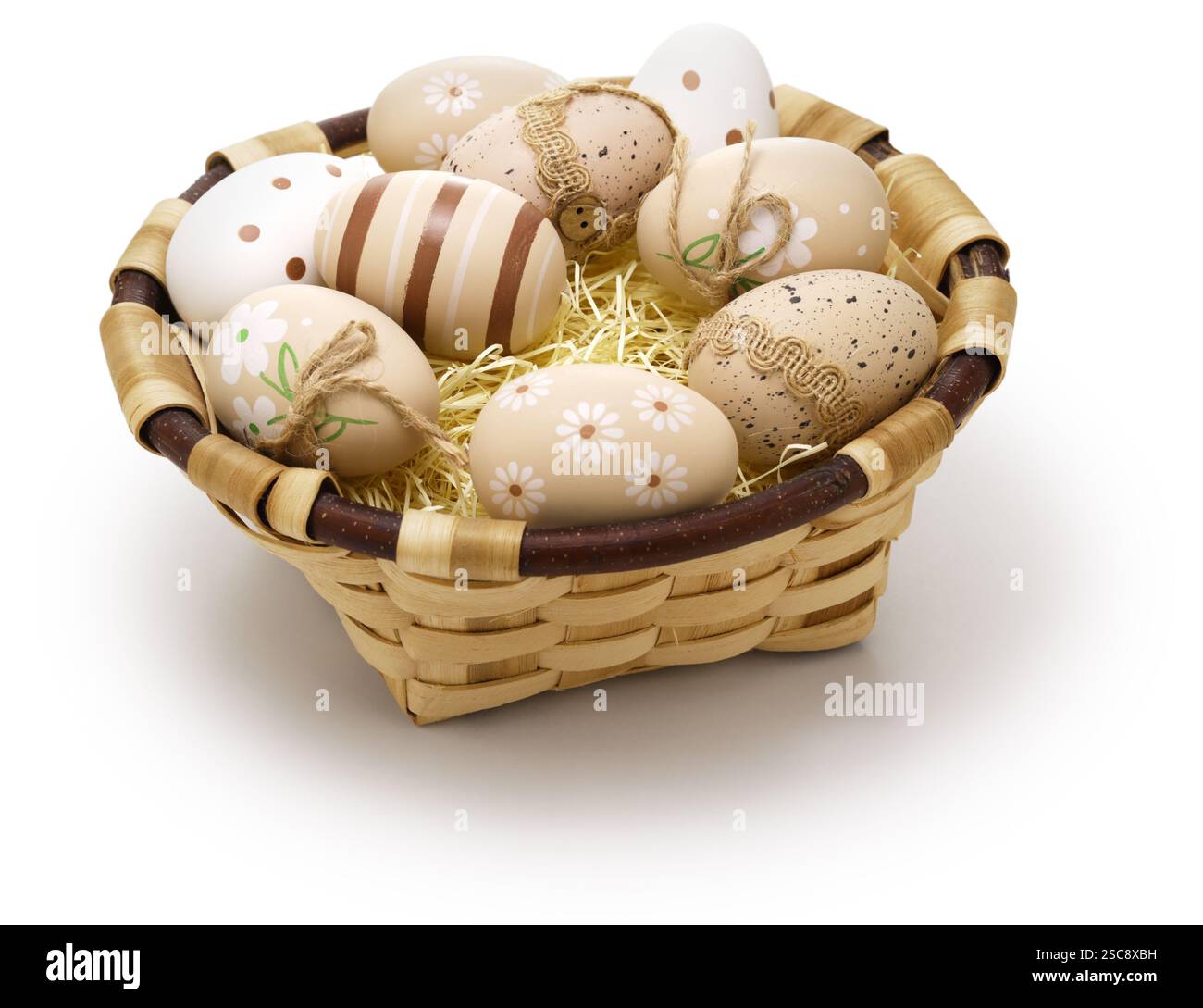 Simple, calm and coloring beautiful easter eggs in the basket. Greeting ...