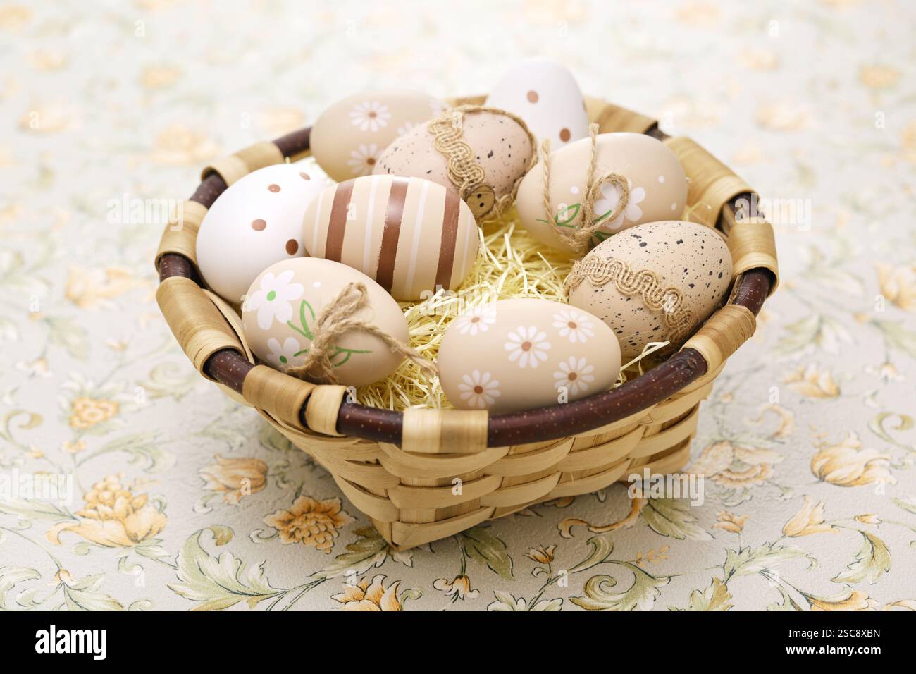 Simple, calm and coloring beautiful easter eggs in the basket. Greeting ...