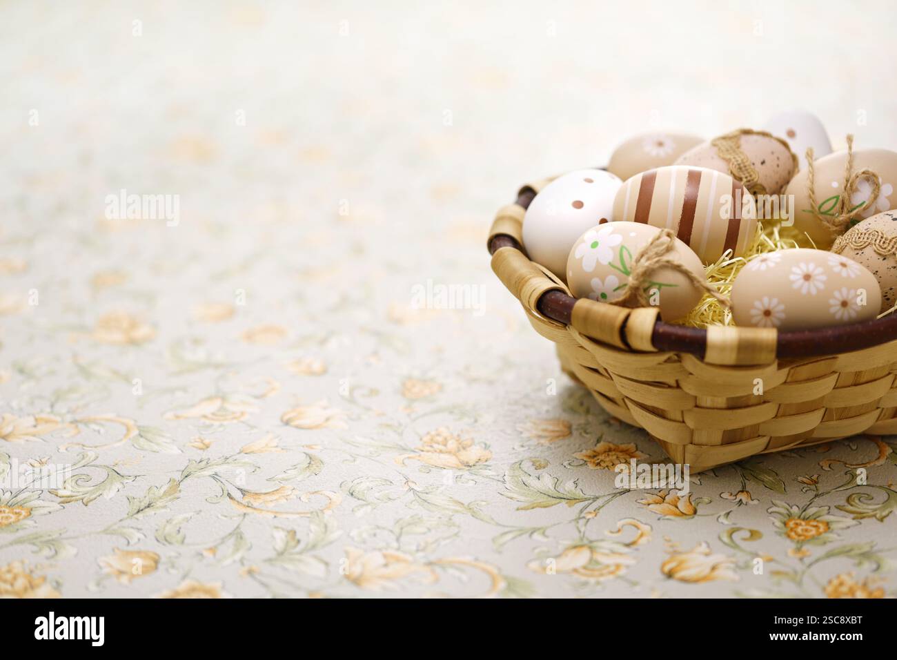 Simple, calm and coloring beautiful easter eggs in the basket. Greeting ...
