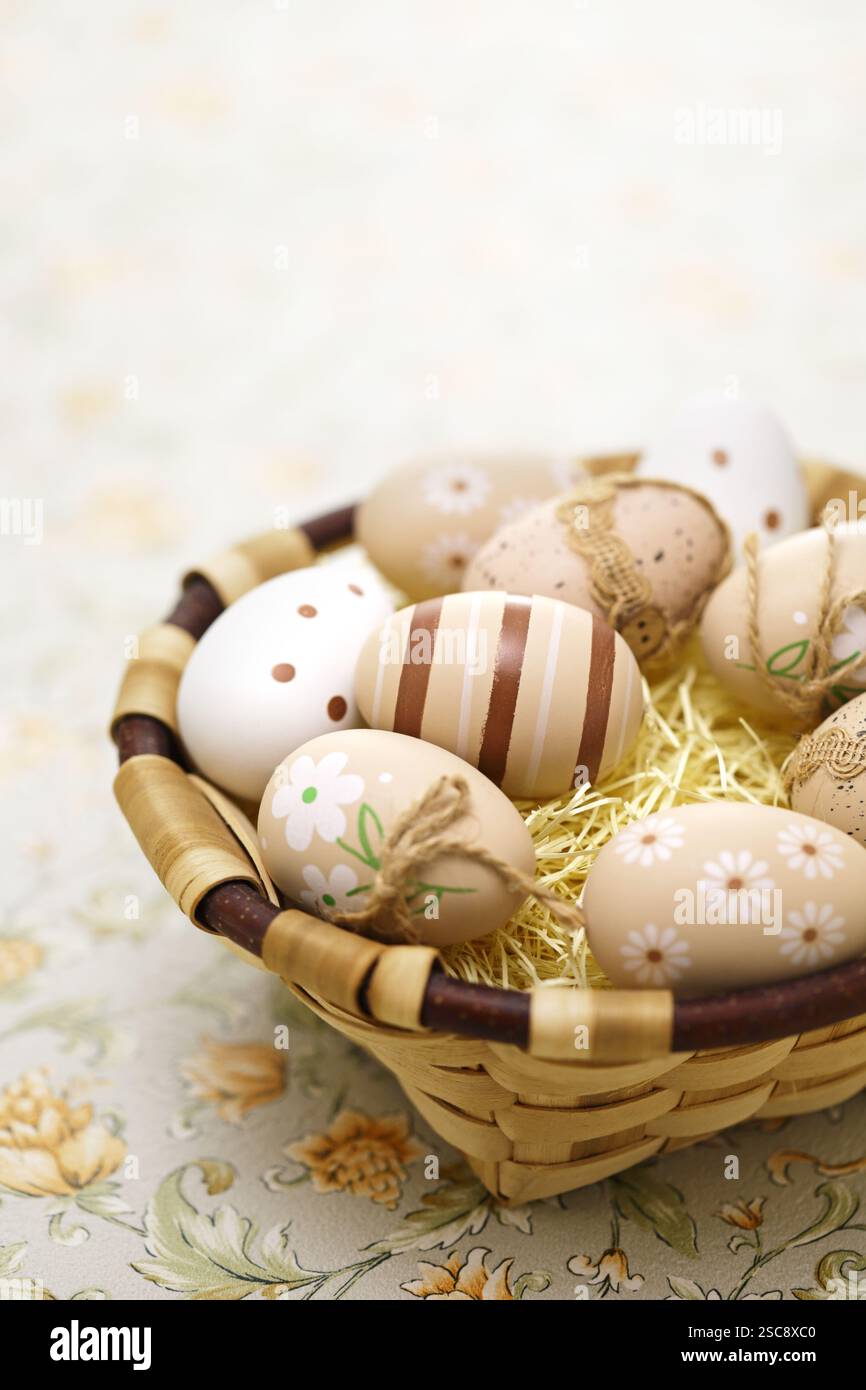 Simple, calm and coloring beautiful easter eggs in the basket. Greeting ...