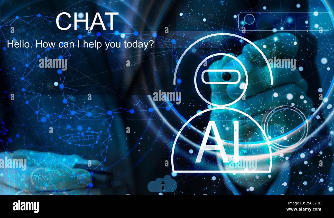 Businessman holding hologram digital chatbot, chat GPT, robot application, conversation ...
