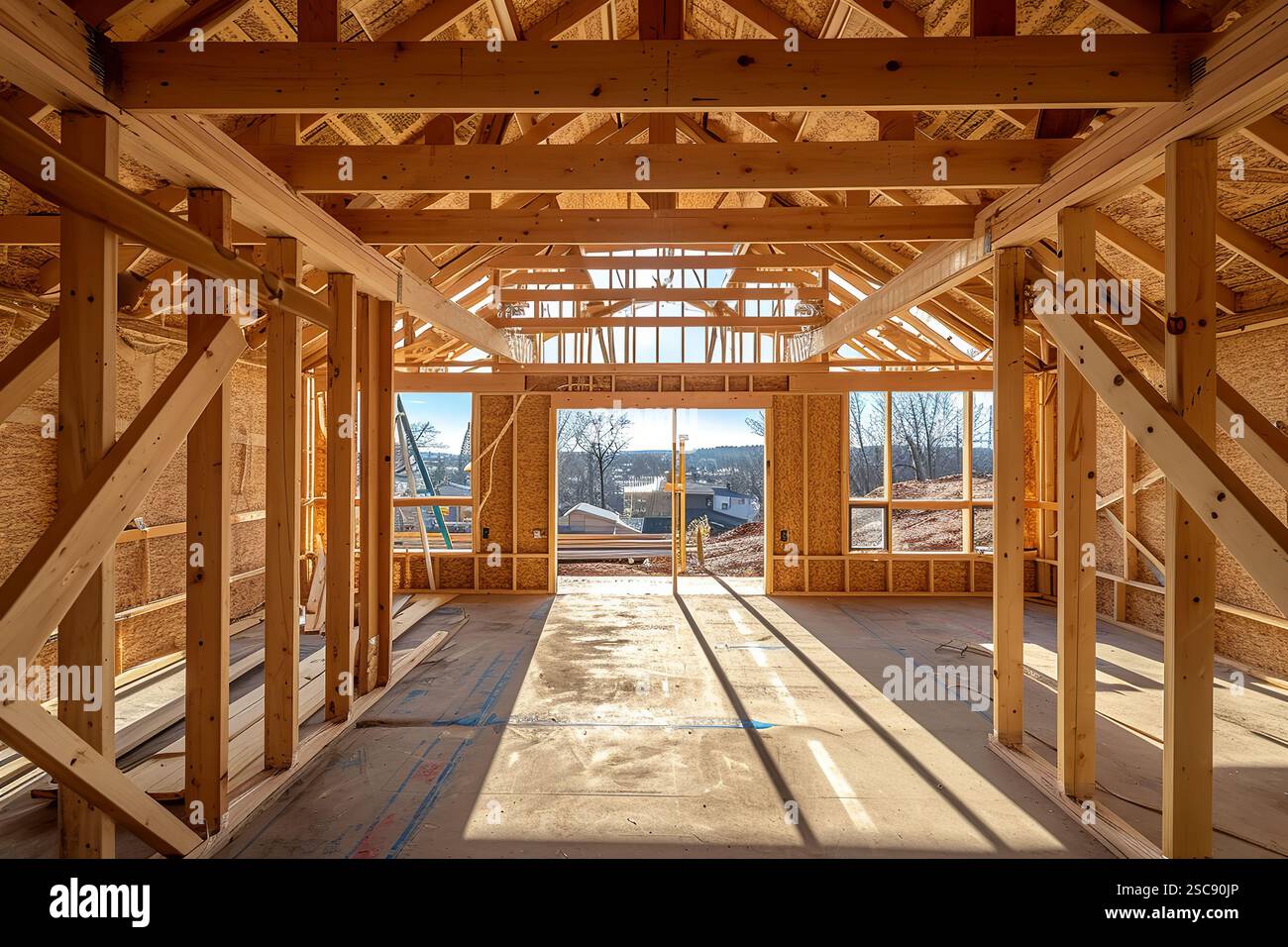 Interior frame of new wooden house under construction. Wood roof ...