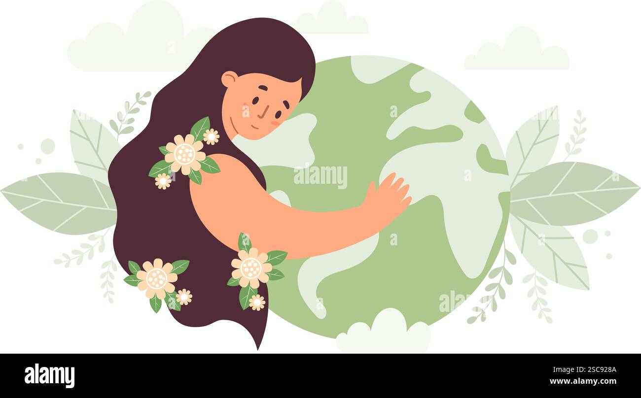 Woman with long hair and flowers hugs green planet Earth. Eco friendly ...