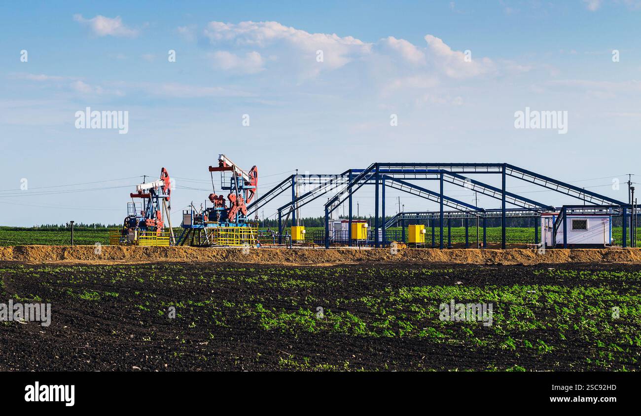 Oil and gas industry. Work of oil pump jack on a oil field Stock Photo ...