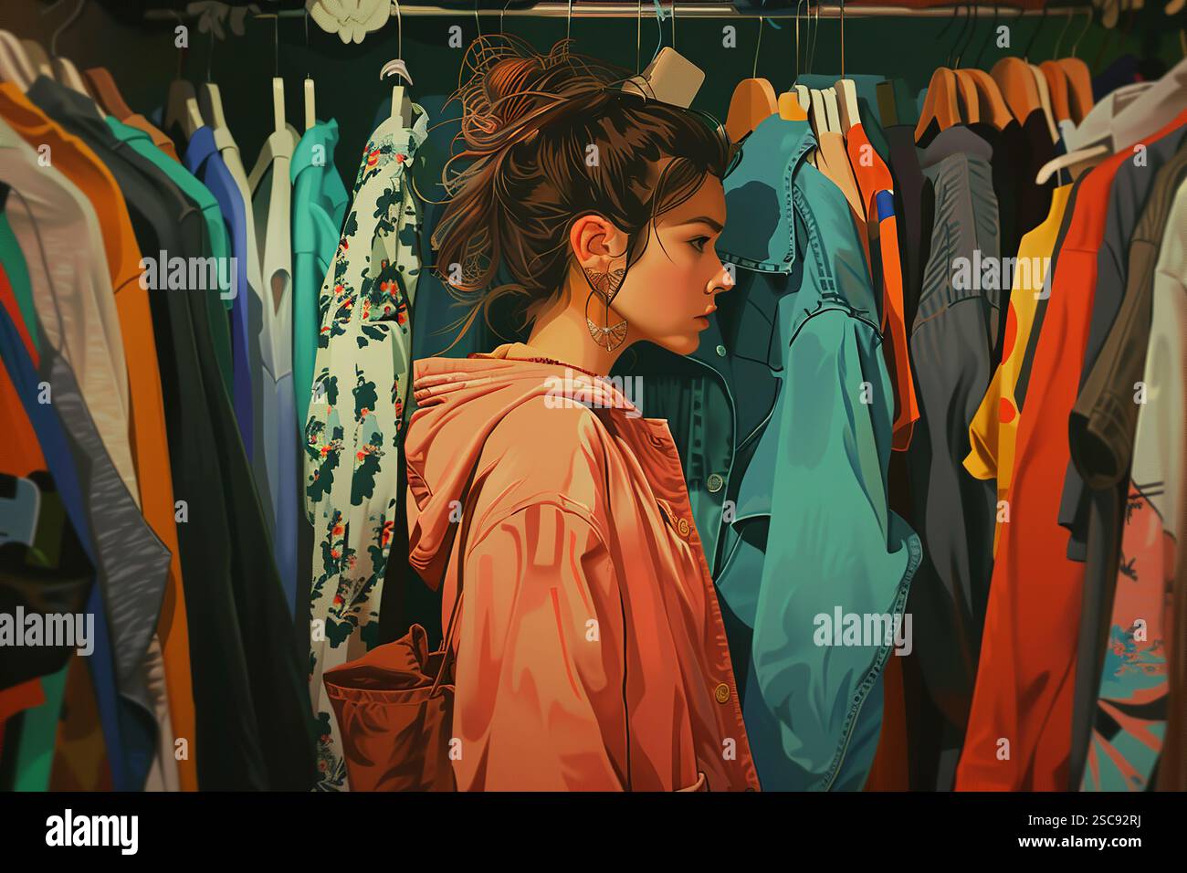A woman is standing in a closet with many clothes hanging on the racks ...