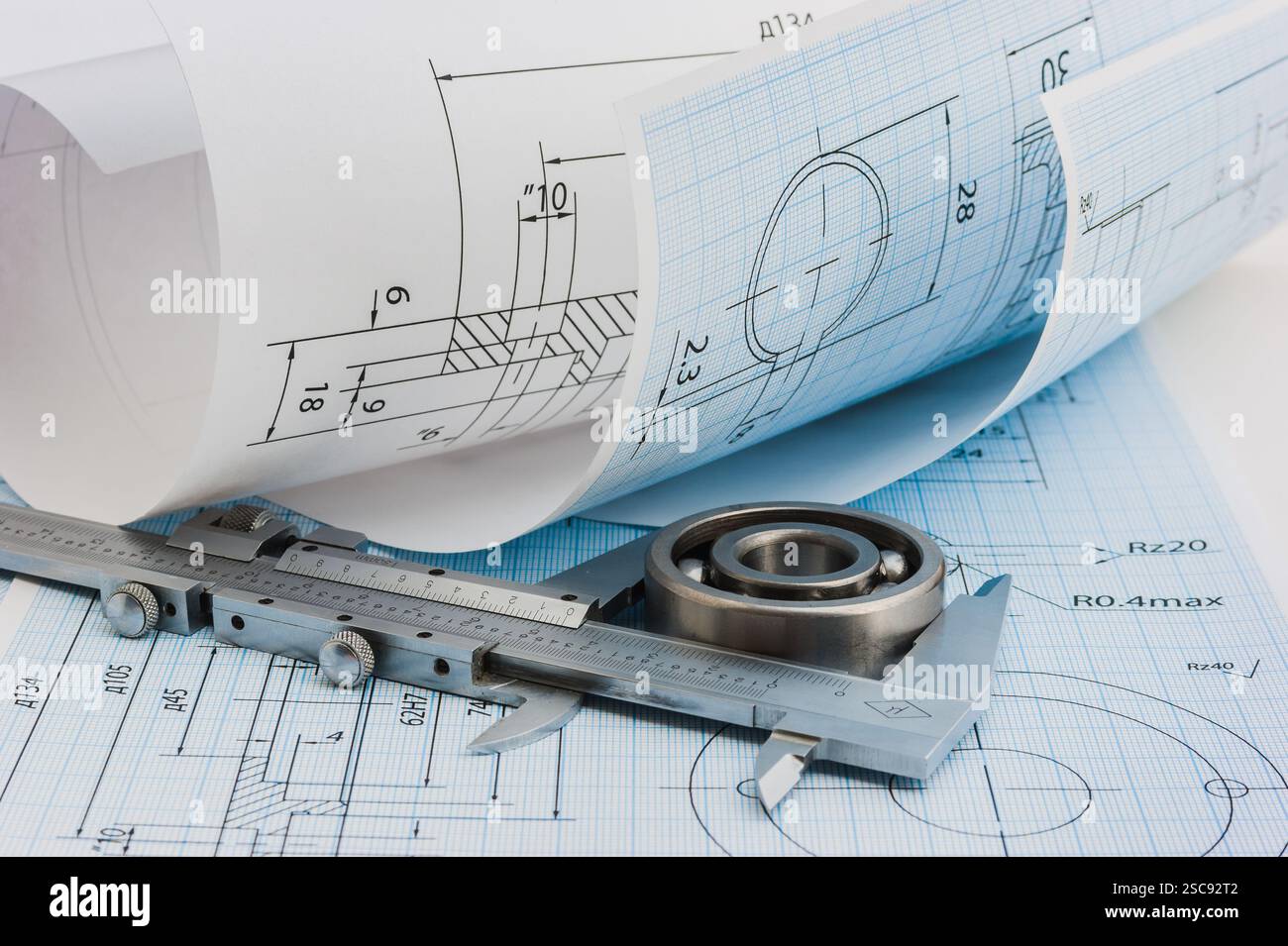tools and mechanisms detail on the background of technical drawings ...