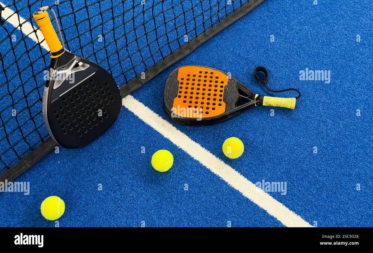 padel tennis racket sport court and balls Stock Photo - Alamy