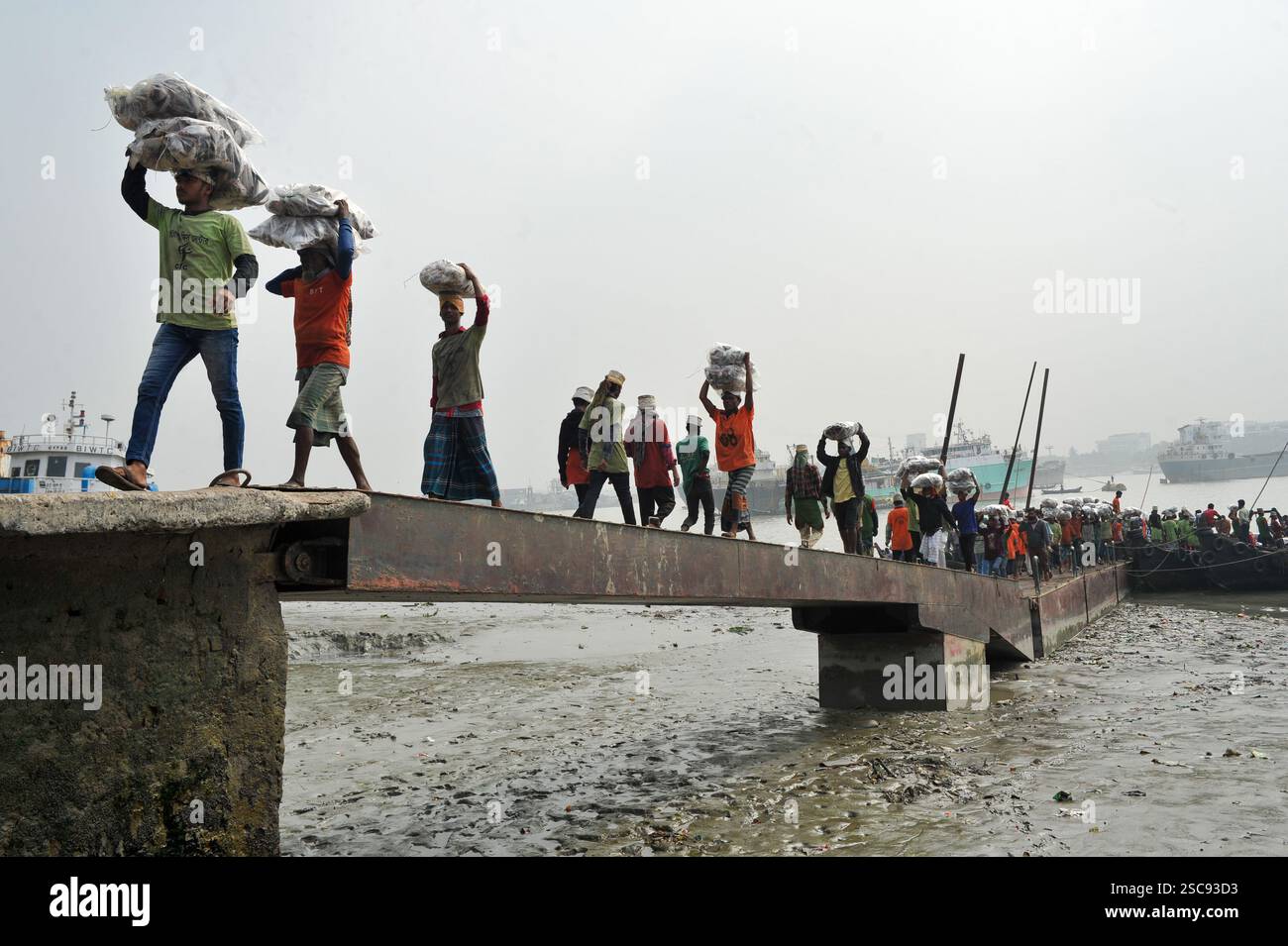 Non Exclusive: Workers unloading heavy packs of fish from boats at ...