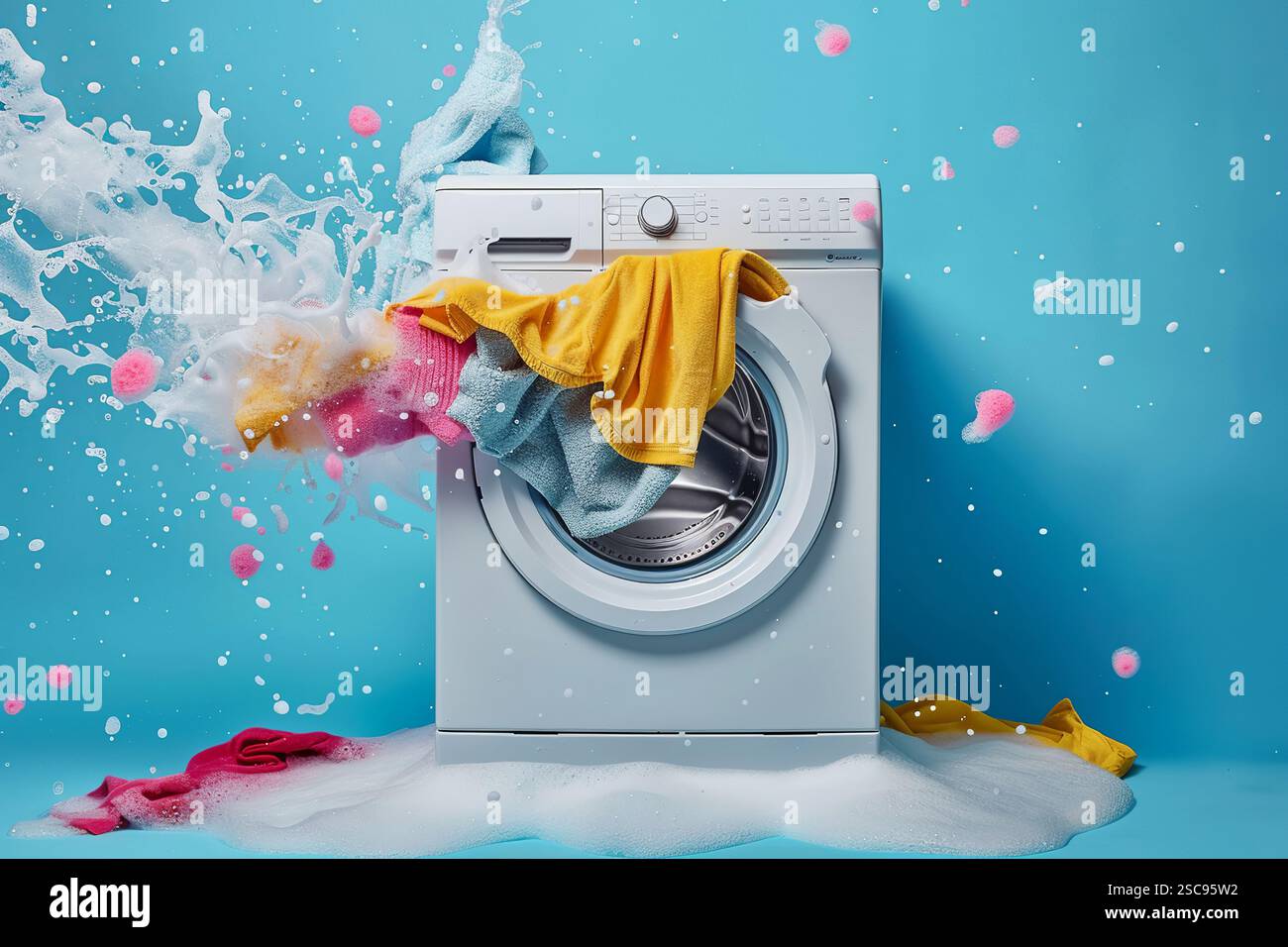A washing machine is filled with clothes and is overflowing with water ...