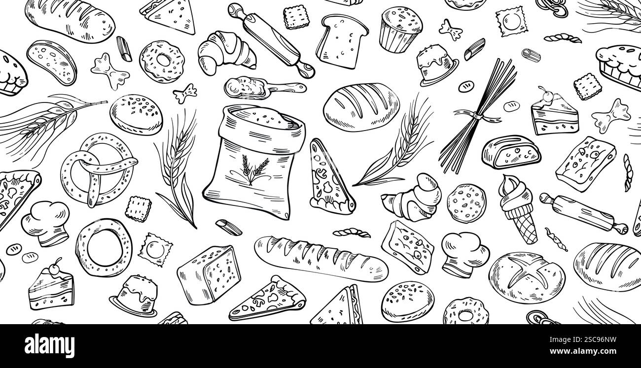 Bakery background. horizontal Hand drawn sketch with bread, pastry ...
