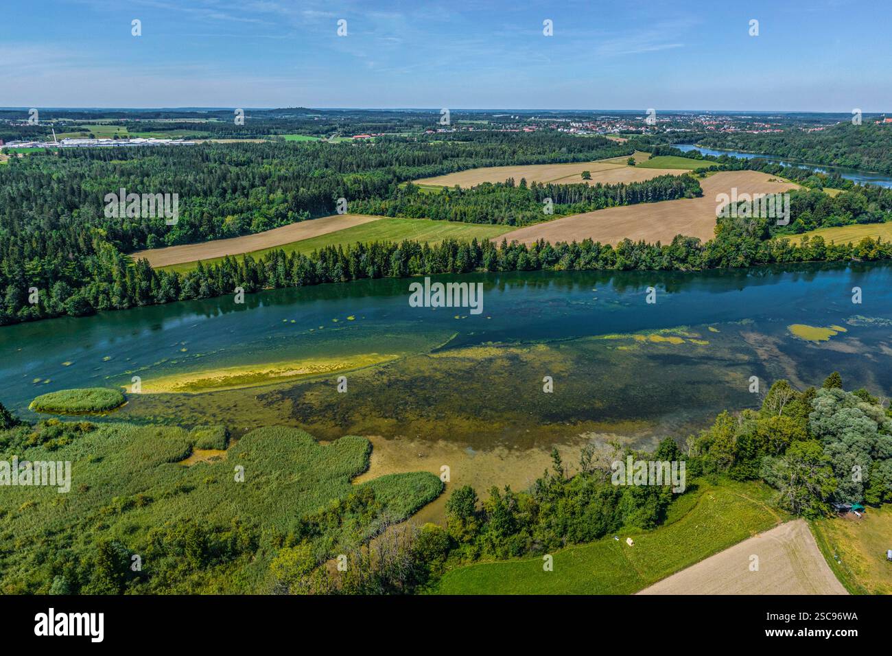 A bird's eye view of the Upper Bavarian Lech Valley near Pitzling ...