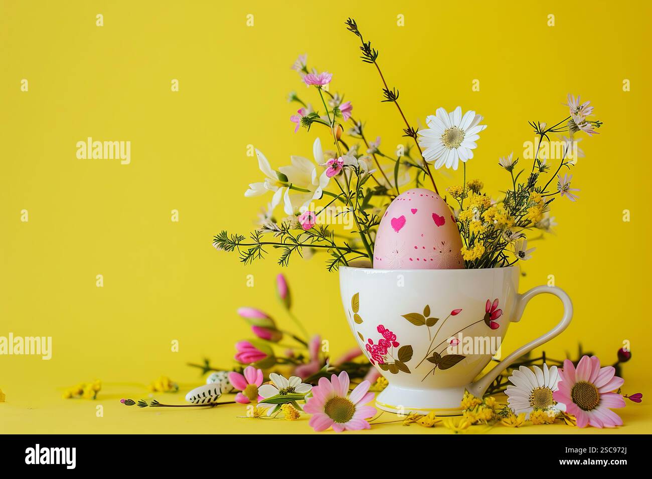 A cup with a flowery design and an egg inside on a yellow background ...