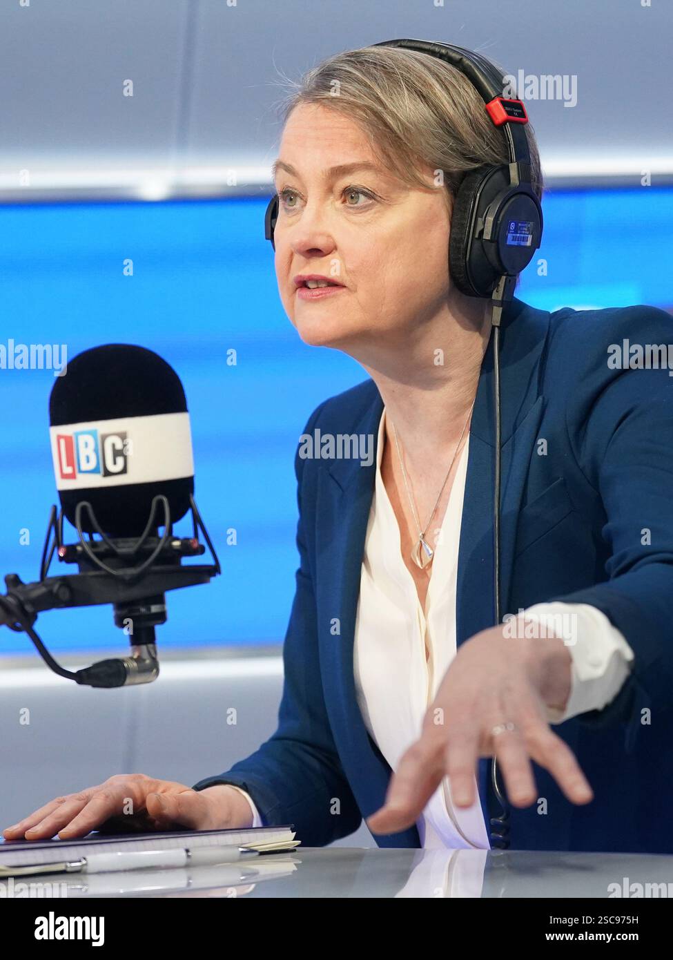 Home Secretary Yvette Cooper takes part in the Call the Cabinet phone ...