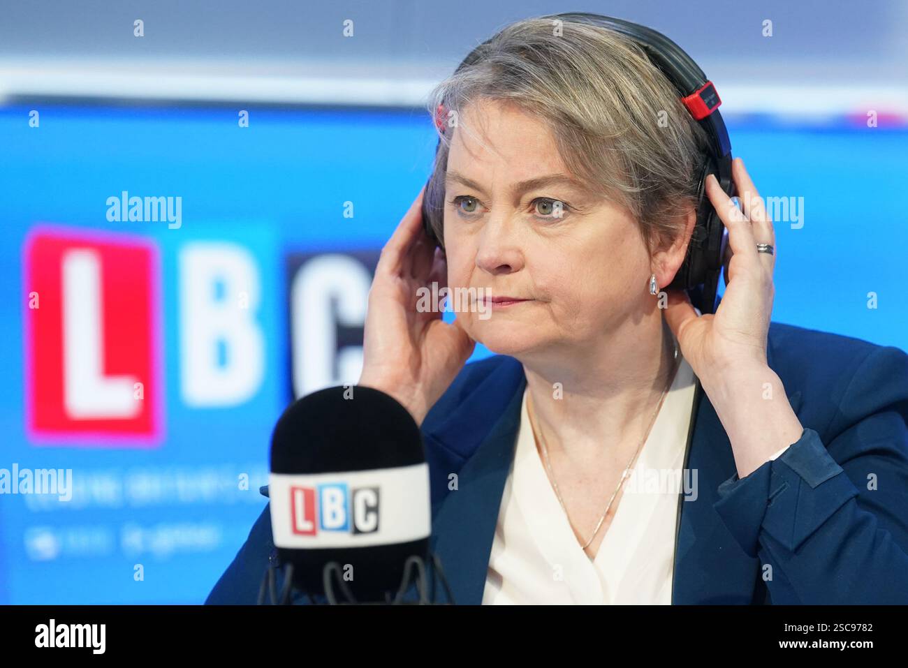 Home Secretary Yvette Cooper takes part in the Call the Cabinet phone ...