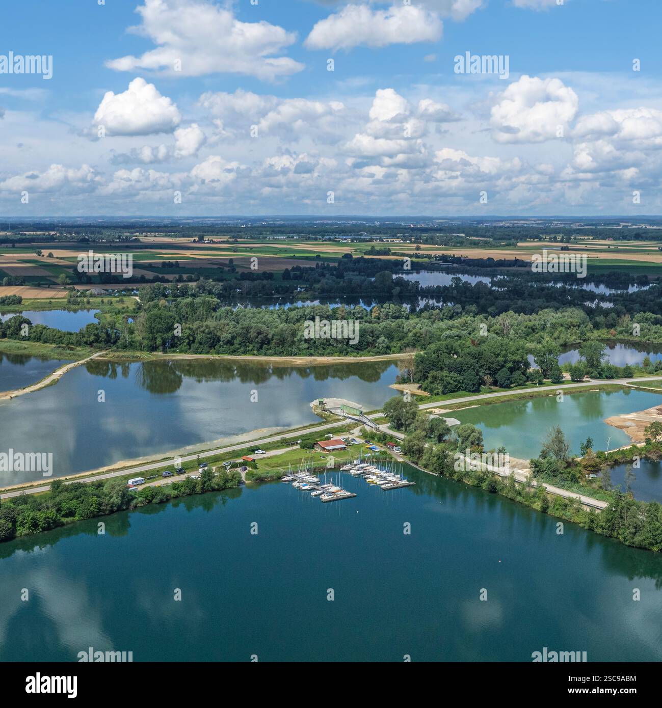 A bird's eye view of the Donauried near Dillingen in Bavarian Swabia ...