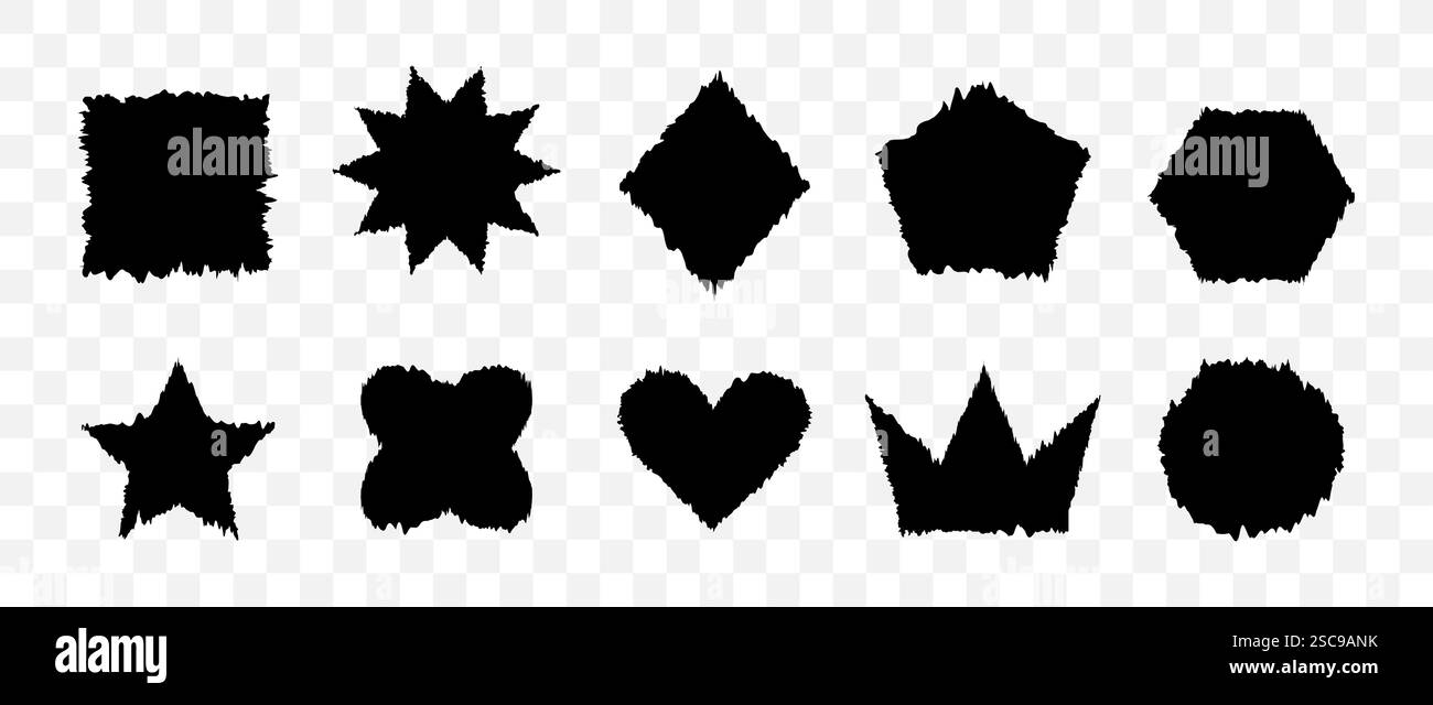 Jagged Geometric Forms. Black grunge frames. Square, heart, crown ...