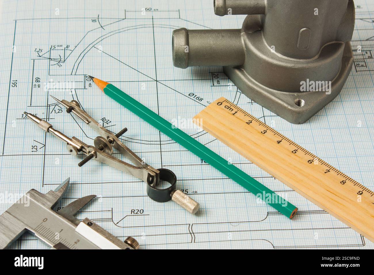 drawings of mechanisms with parts and tools Stock Photo - Alamy
